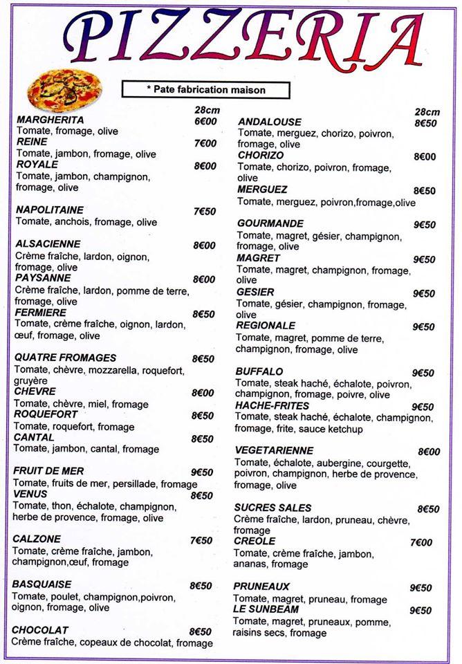 Menu at Le Sunbeam restaurant, Moissac, 16 Av. Henri Cayrou