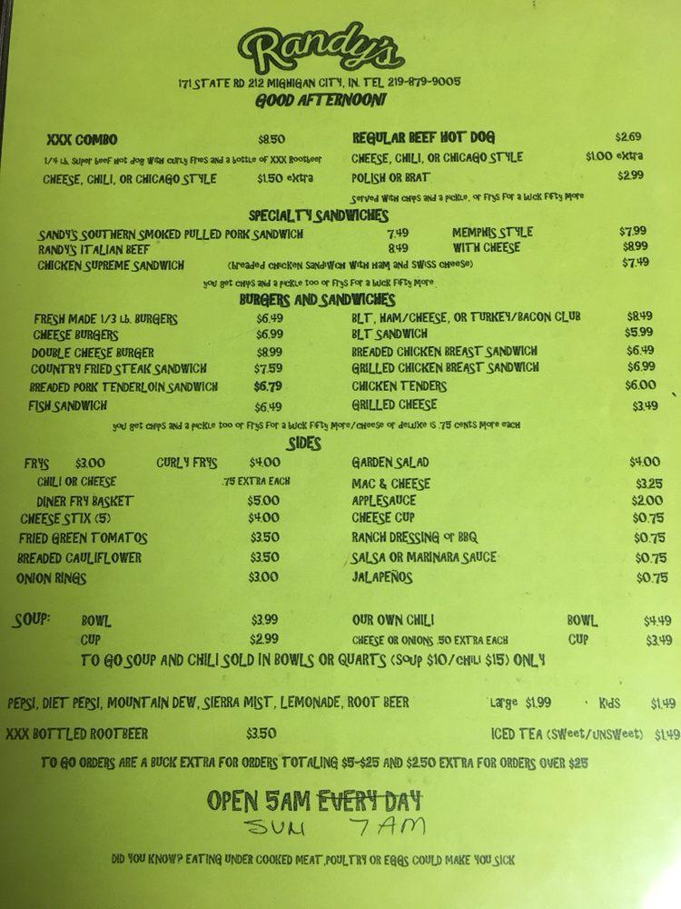 Menu at Randy's Diner fast food, Michigan City