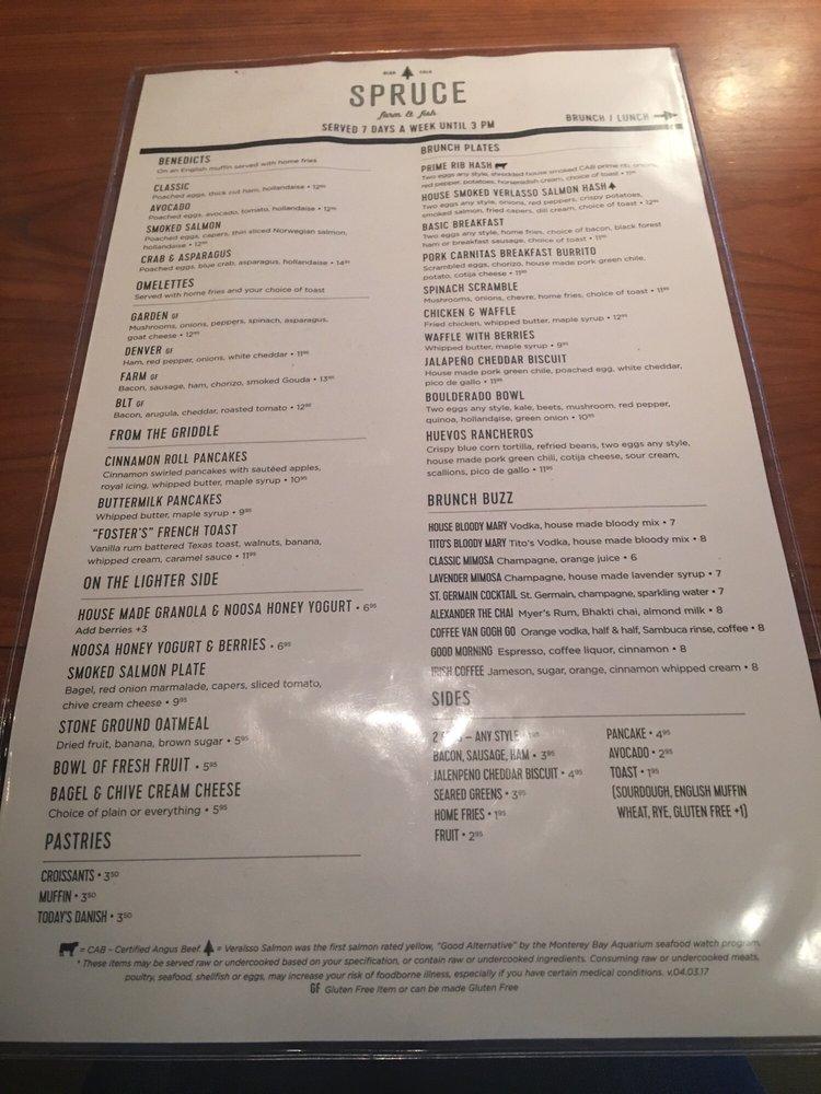 Menu at Spruce Farm & Fish restaurant, Boulder, 13th St
