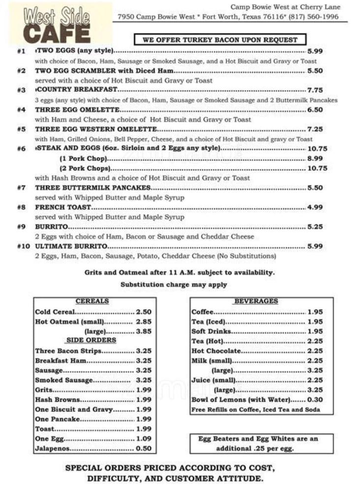 Menu at West Side Cafe, Fort Worth