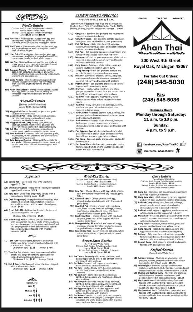 Menu at Ahan Thai Restaurant, Royal Oak