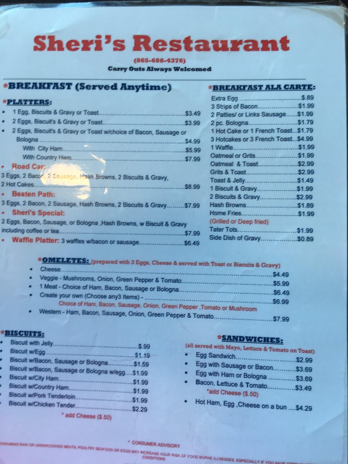 Menu at Alice’s Diner cafe, Knoxville