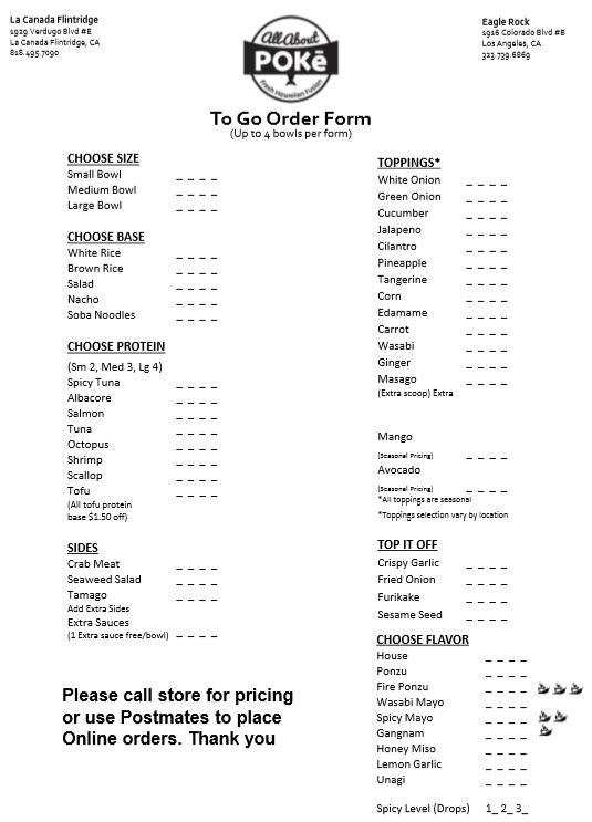 Menu at All About Poke pub & bar, La Cañada Flintridge, Verdugo Blvd e