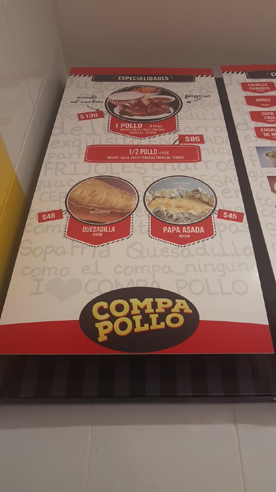 Menu at Compa Pollo restaurant, Monterrey