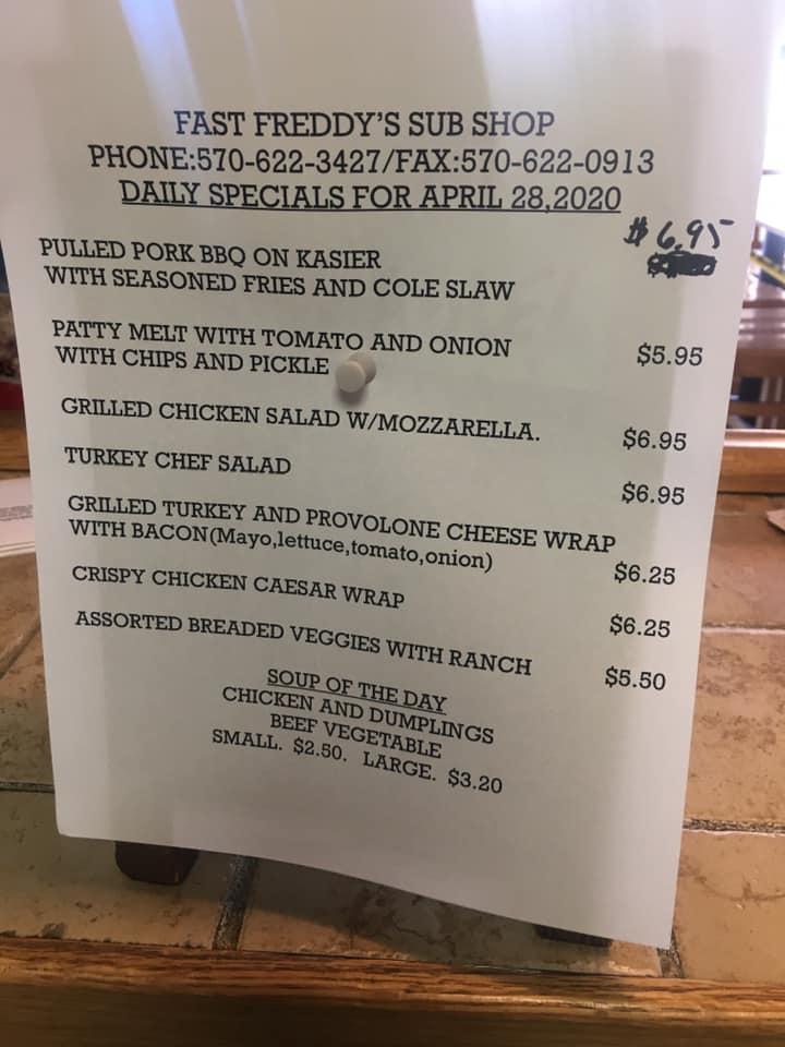 Menu at Fast Freddy's pizzeria, Pottsville