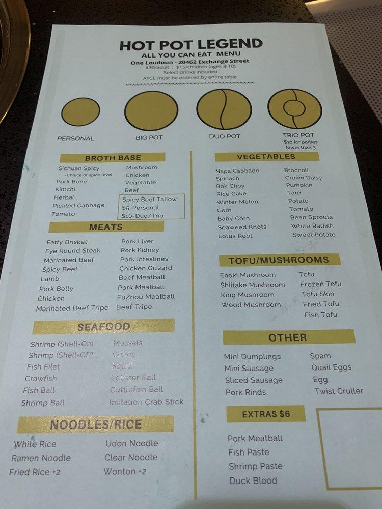 Menu at Hot Pot Legend restaurant, Ashburn