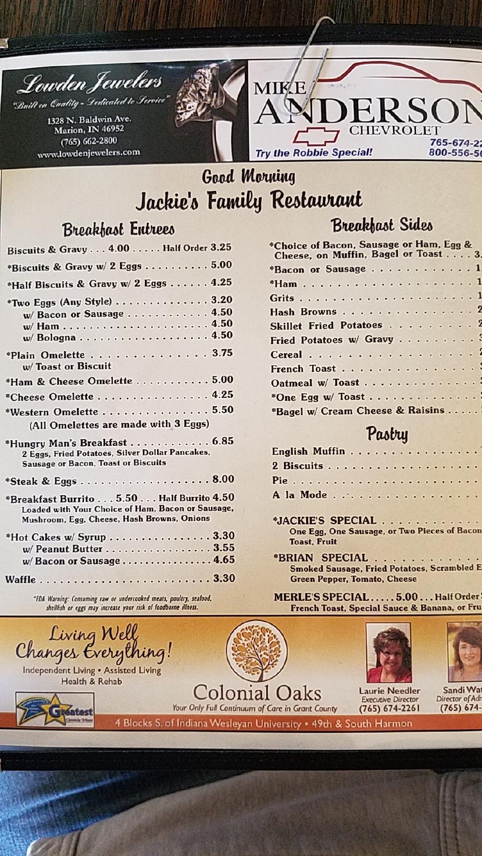 Menu at Jackie's Family Restaurant, Gas City