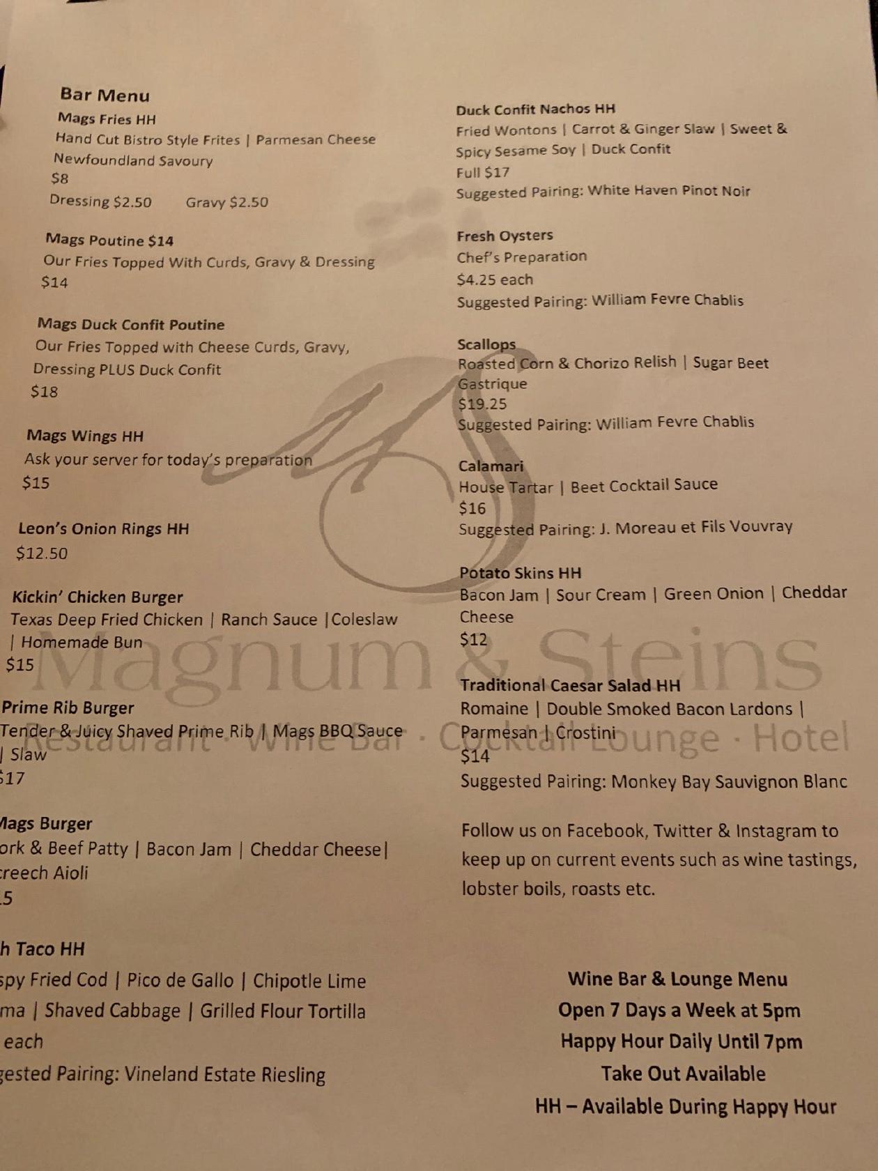 Menu at Magnum & Steins restaurant, St. John's
