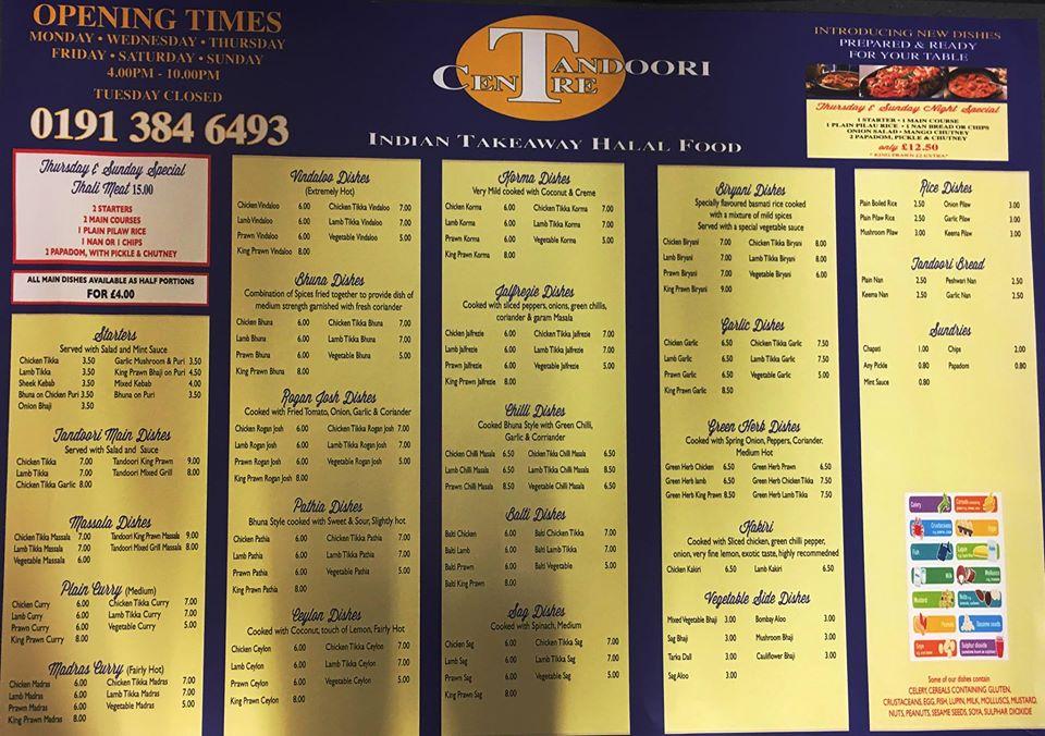 Menu at Tandoori Centre fast food, Durham
