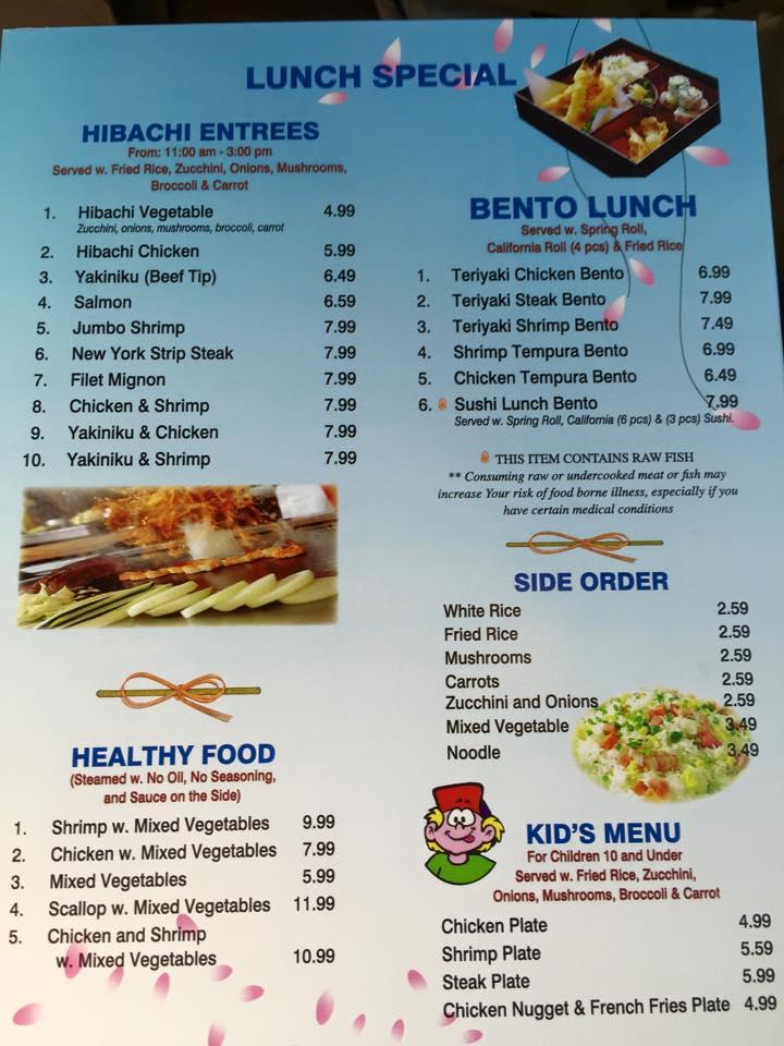 Menu at Tokyo Sushi and Hibachi restaurant, Russellville