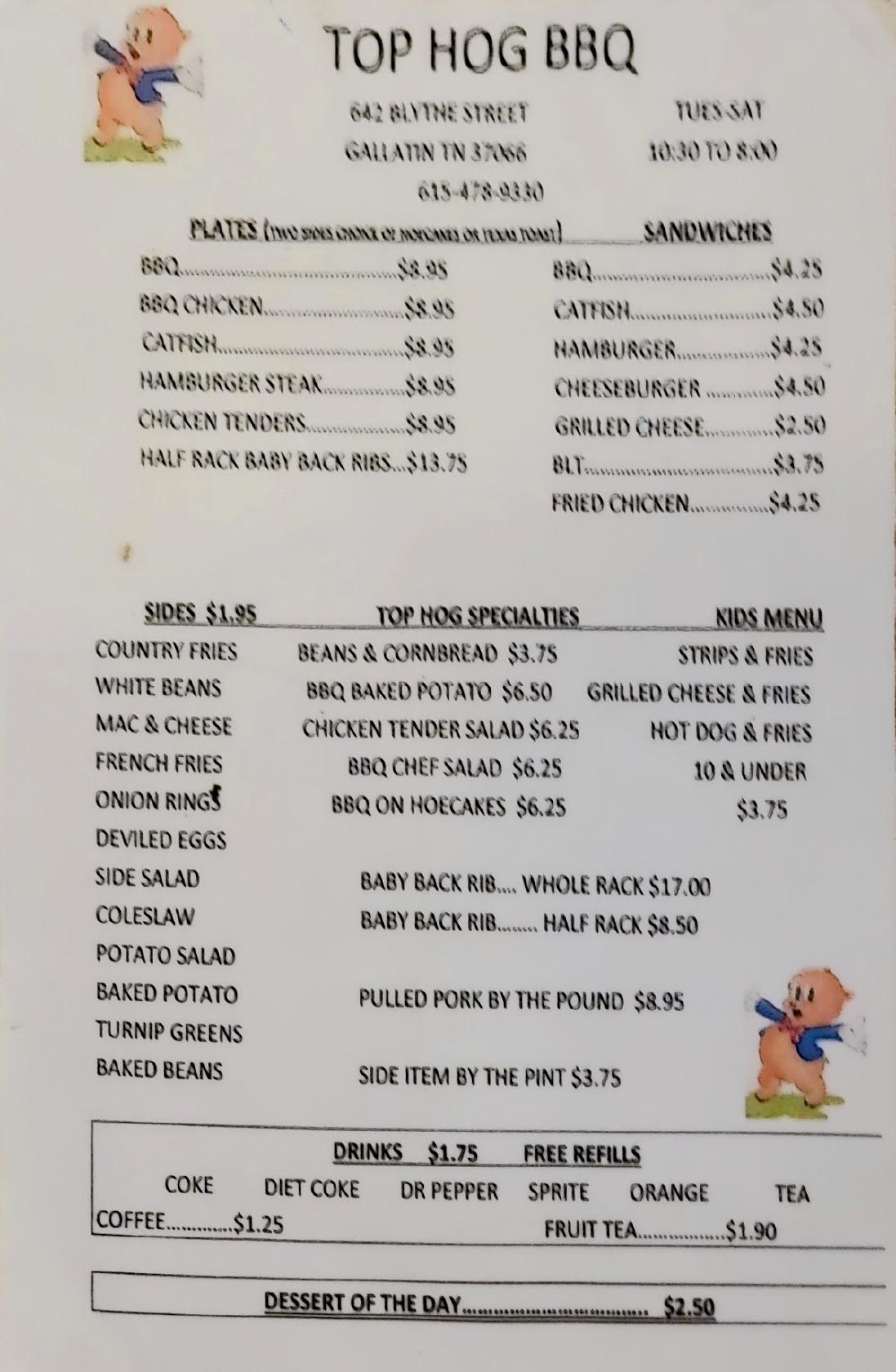 Menu at Top Hog BBQ, Gallatin