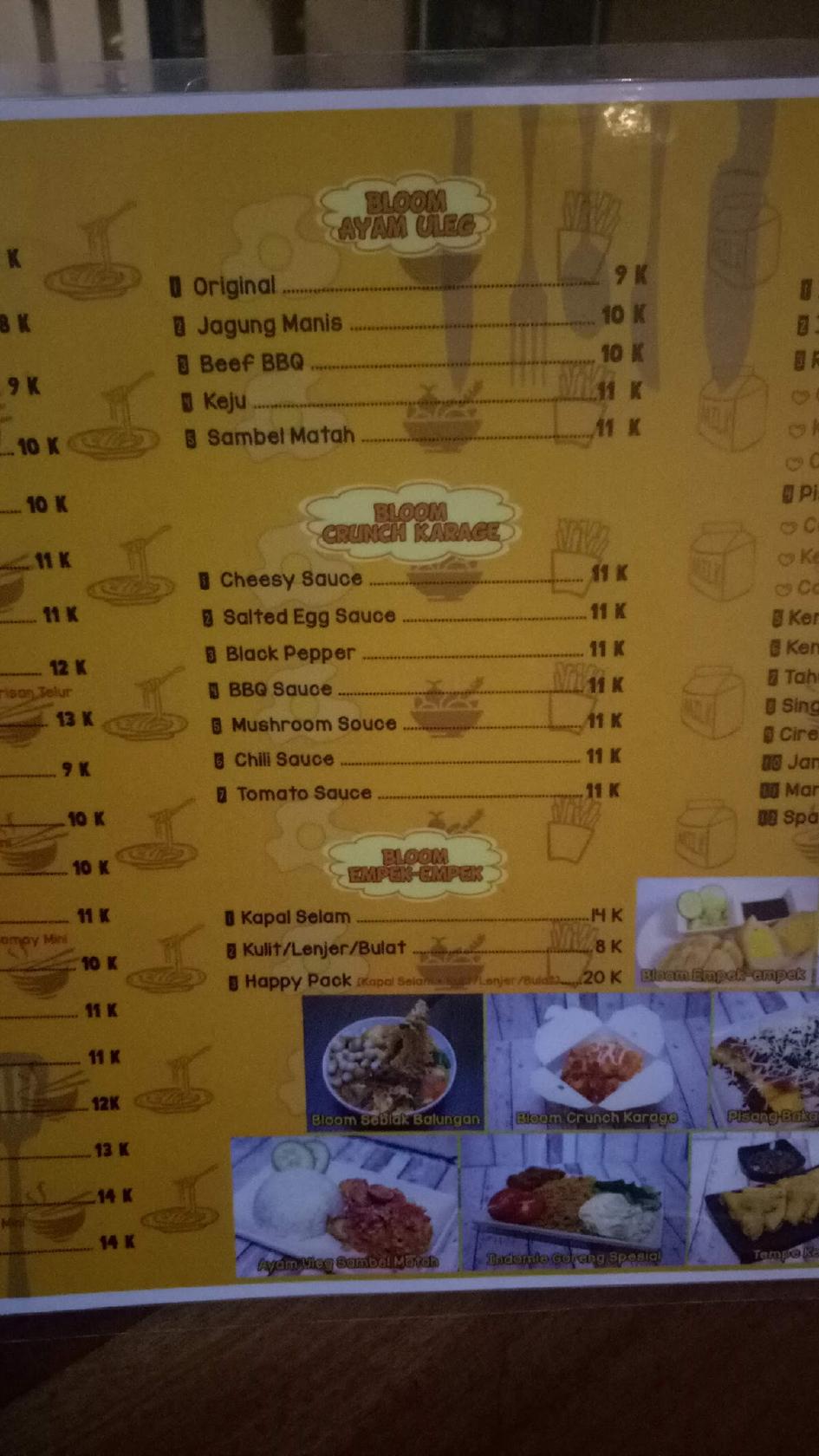 Menu at Bloom Corner restaurant, Purwokerto