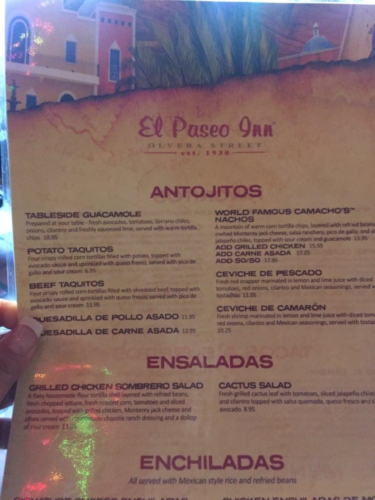 Menu at El Paseo Inn pub & bar, Los Angeles, 11 Olvera St