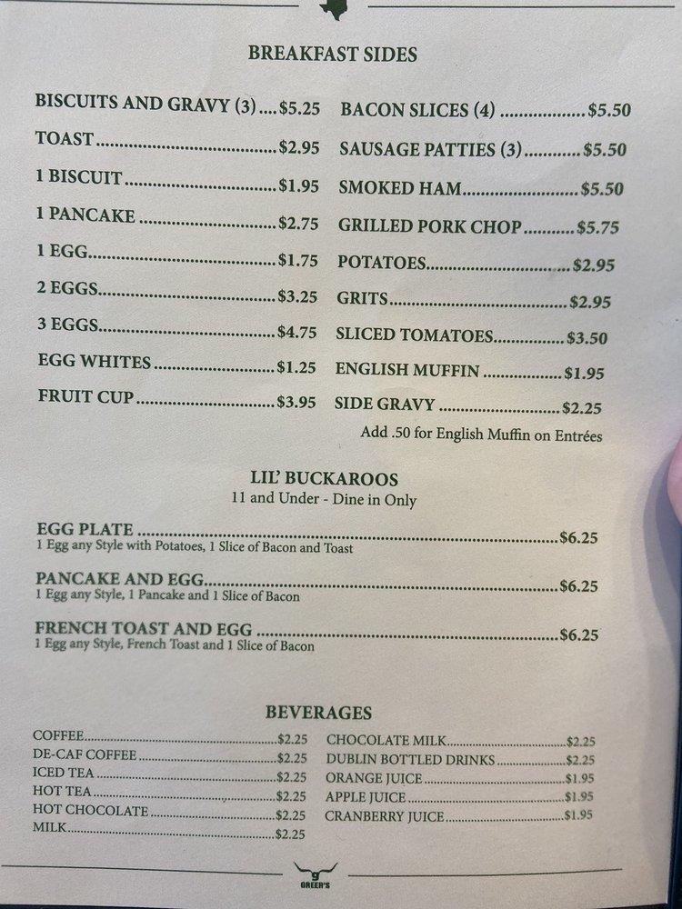 Menu at Greer's Ranch Cafe, Stephenville