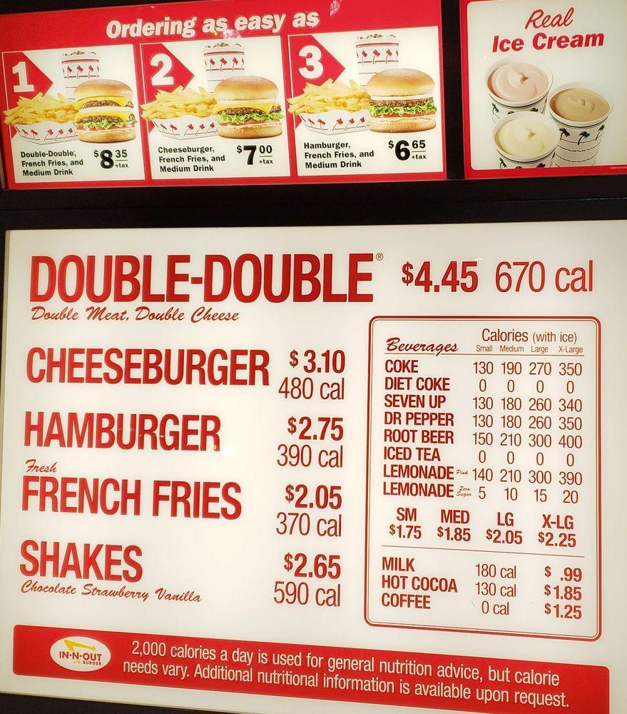 Menu at In-N-Out Burger fast food, La Mirada, Firestone Blvd