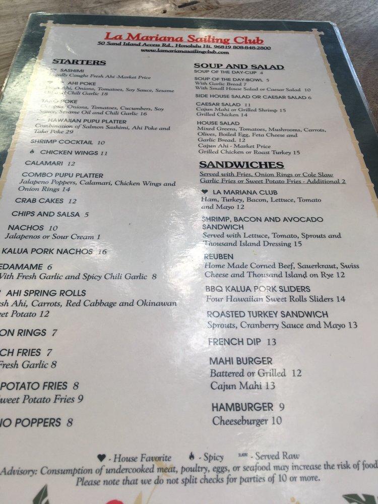 Menu at La Mariana Sailing Club, Honolulu, 50 Sand Island Access Rd