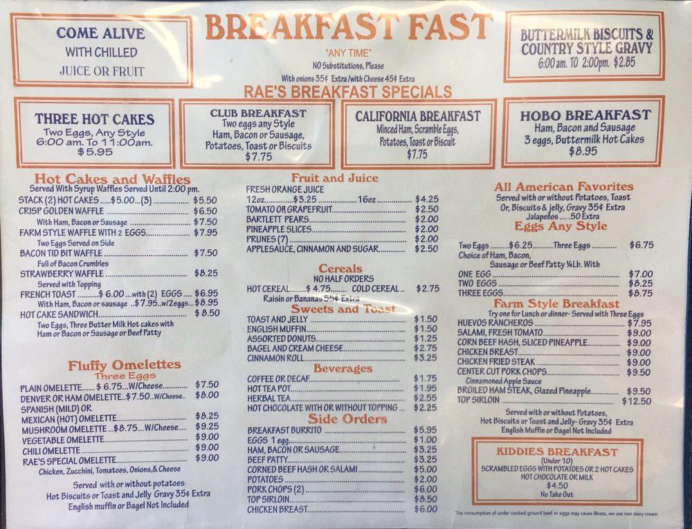 Menu at Rae's Restaurant, Santa Monica