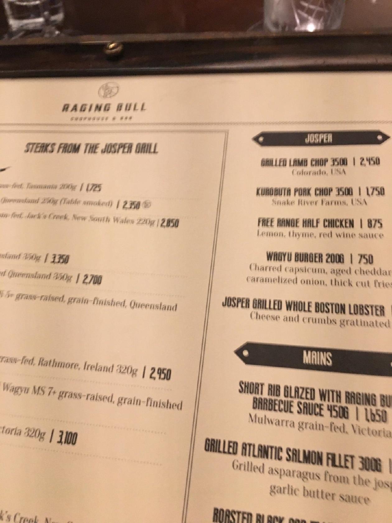 Menu at Raging Bull Chophouse & Bar, Taguig