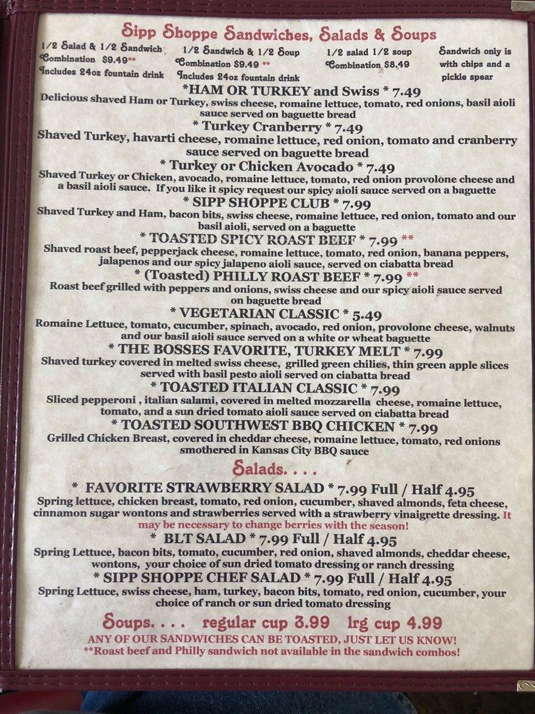 Menu at Sipp Shoppe restaurant, Winslow