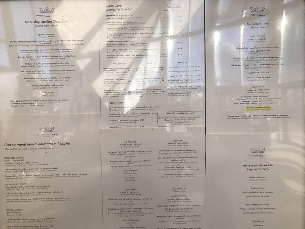 Carta del restaurante Submarino, Valencia