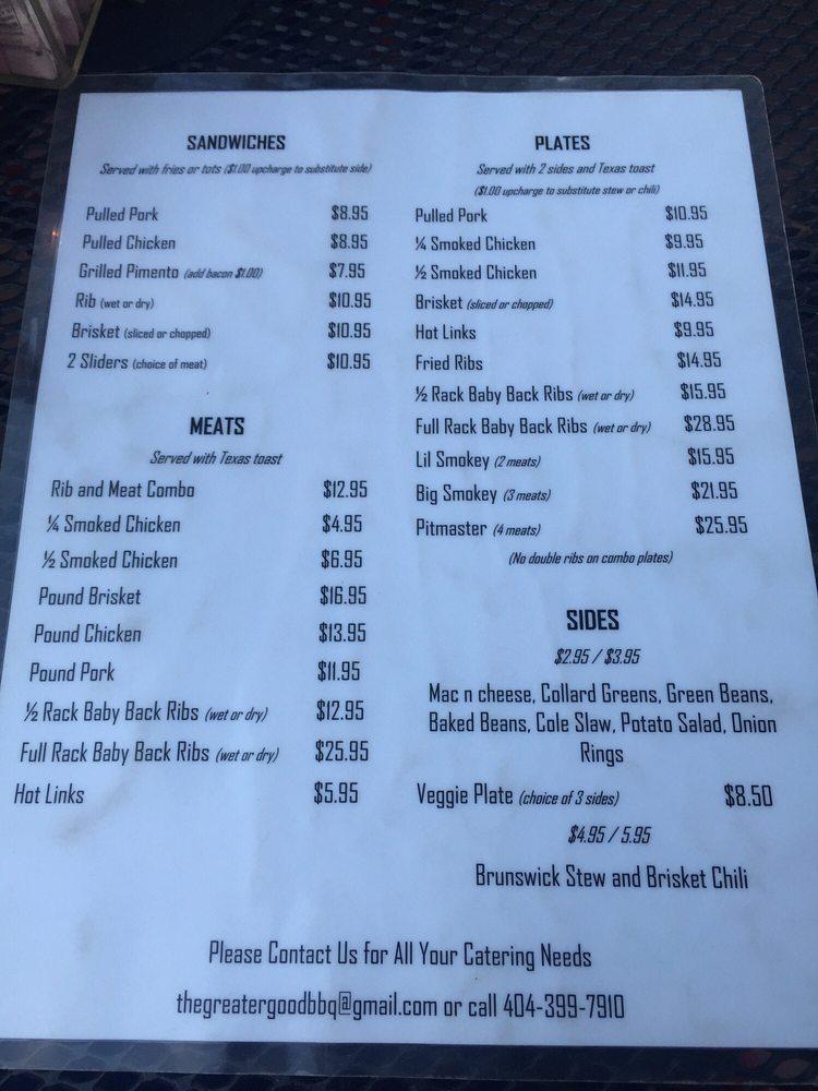 Menu at The Greater Good BBQ, Atlanta, Roswell Rd NE