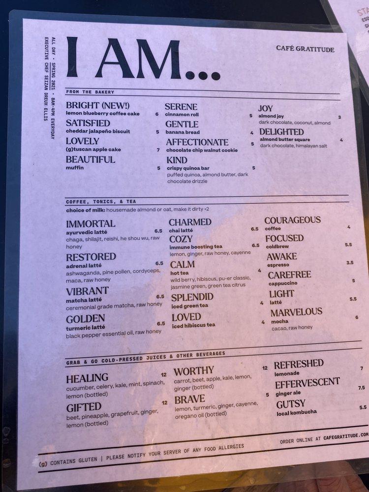 Menu at Cafe Gratitude, Newport Beach, Westcliff Dr Suite 112