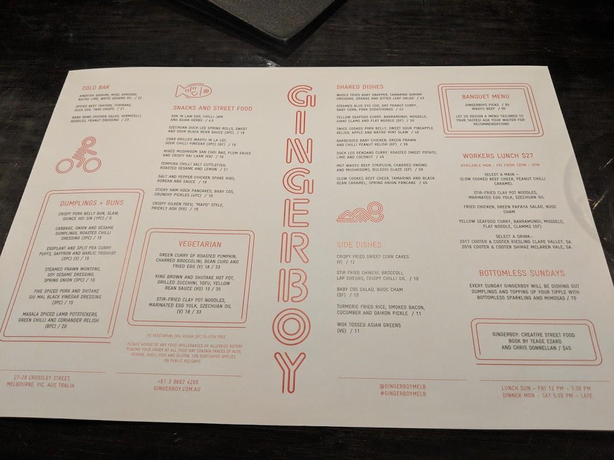 Menu at Gingerboy restaurant, Melbourne