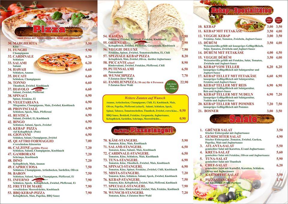 Menu at Pizza Baron, Linz