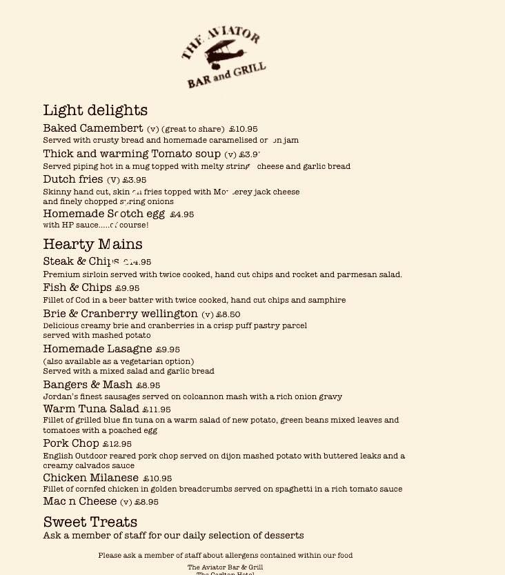 Menu at The Aviator Bar and Grill, Bognor Regis