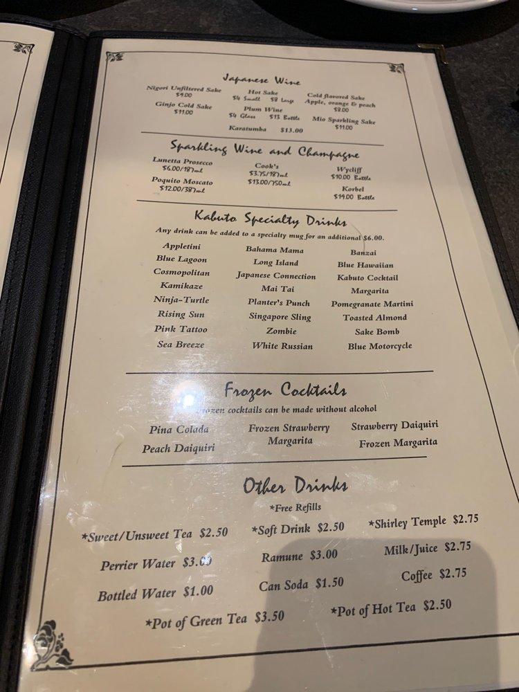 Menu at Kabuto Japanese House of Steaks and Sushi restaurant, Midlothian