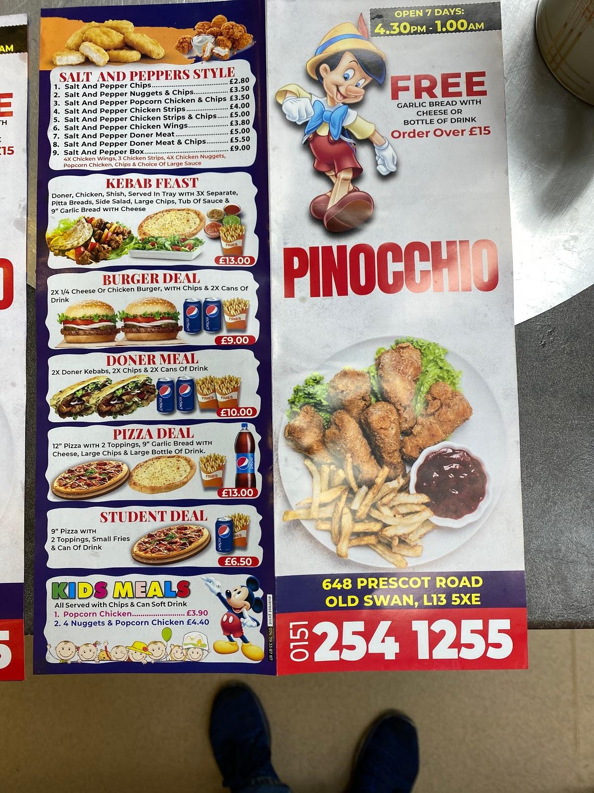 Menu at Pinocchio pizza restaurant, Liverpool