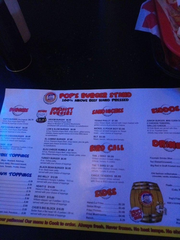 Menu at Pop's Burger Stand restaurant, Waxahachie