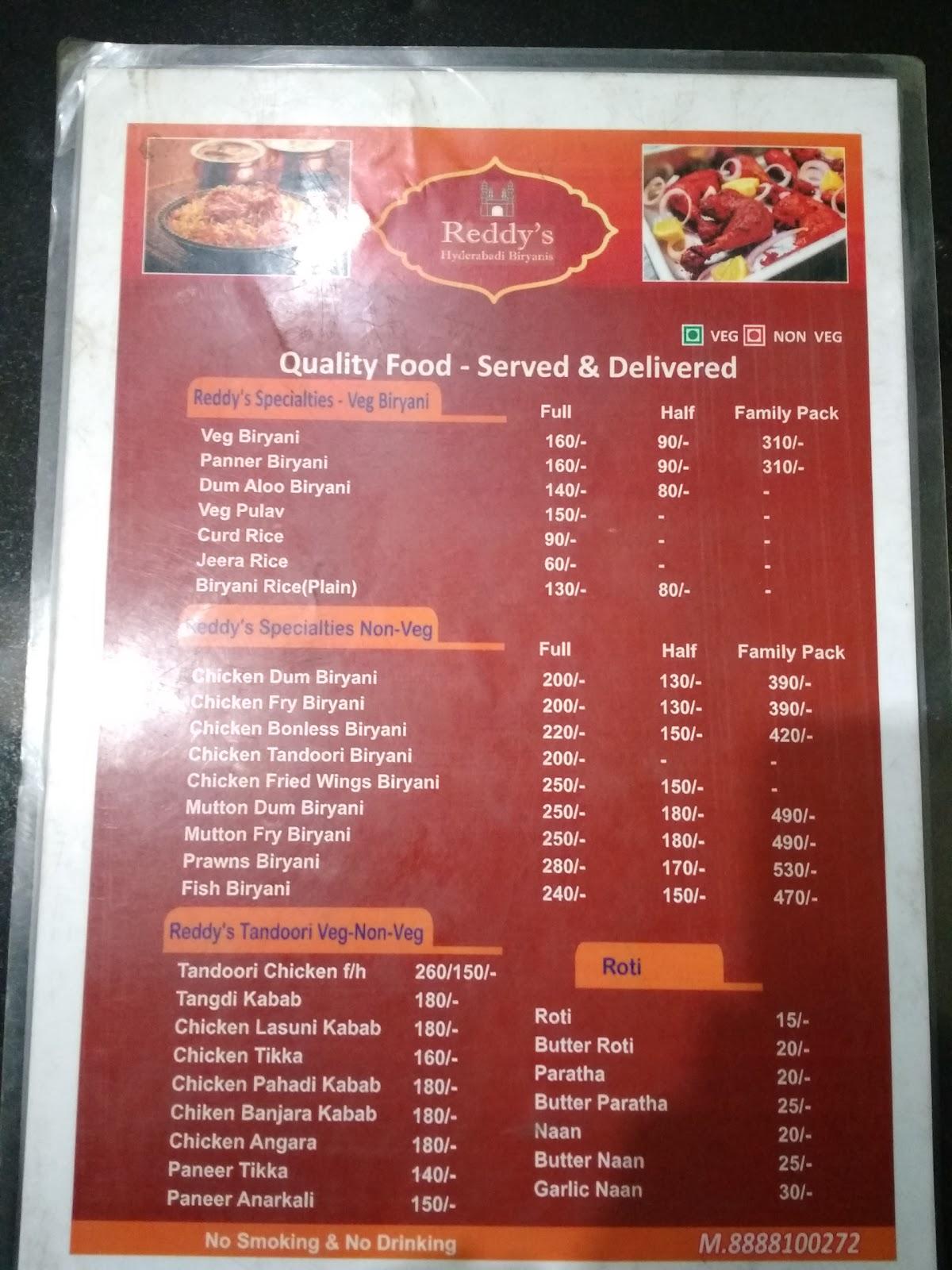 Menu at Reddy's Hyderabadi Biryanis, Pimpri-Chinchwad, Before wonder cars