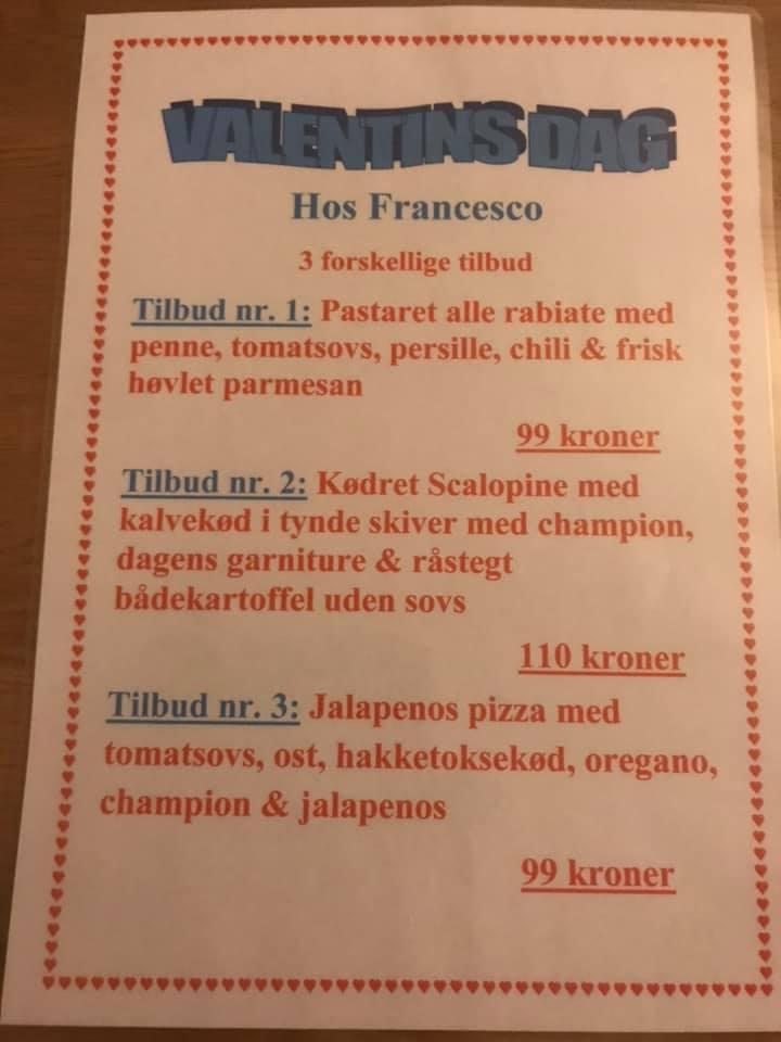 Menu at Trattoria Da Vincenzo v. Francesco restaurant, Slagelse