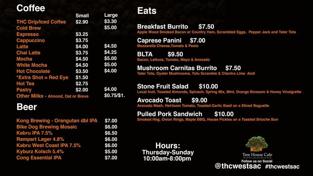 Menu at Tree House Cafe, West Sacramento