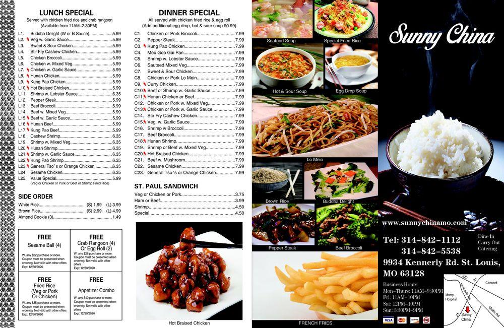 Menu at Sunny China restaurant, St. Louis
