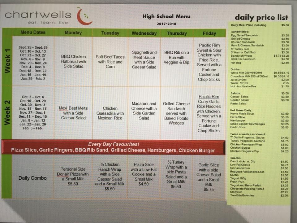 Menu at Chartwells at St. James Regional High cafeteria, Channel-Port ...