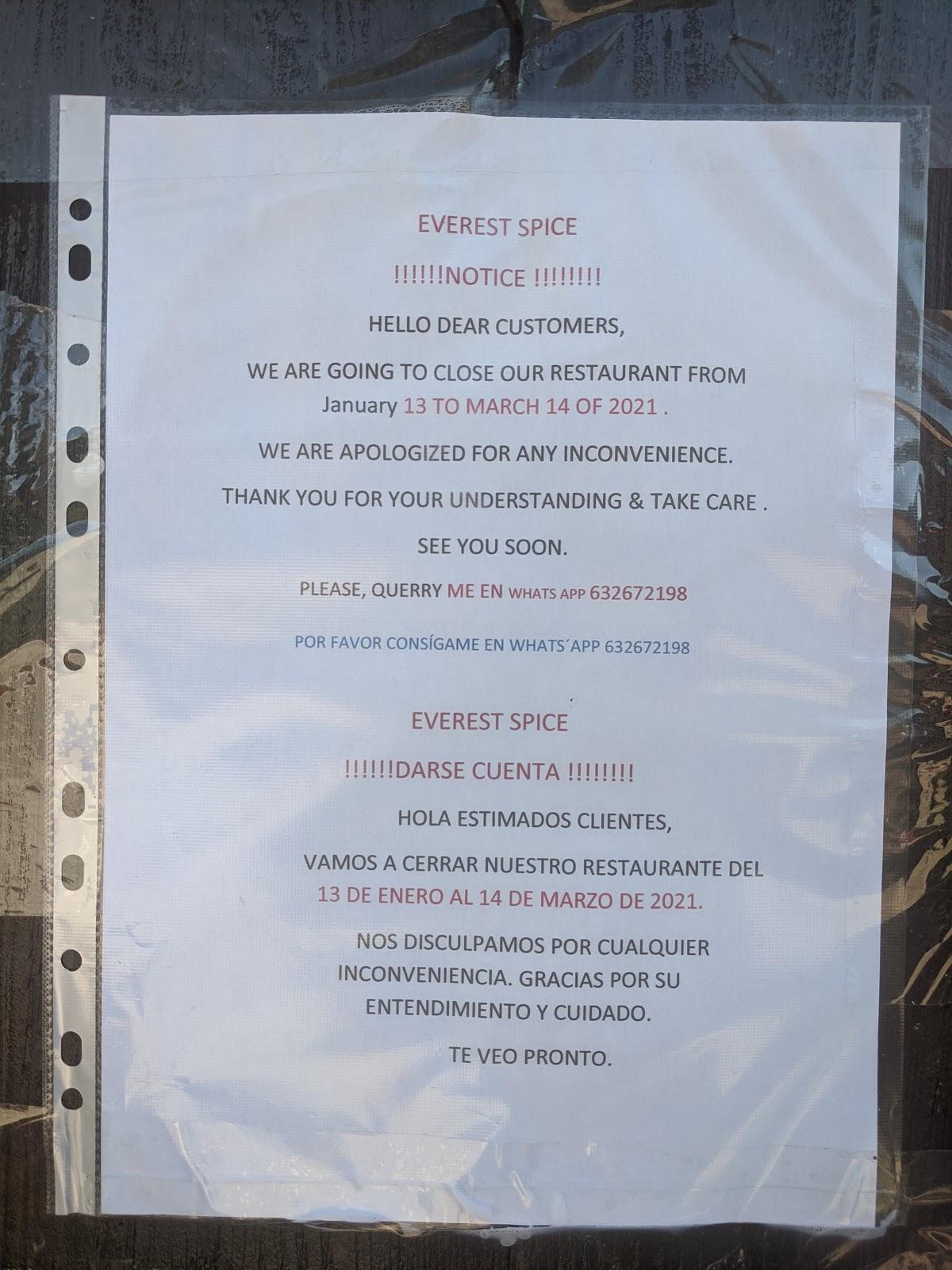 Carta de Restaurante Everest Spice, Jávea