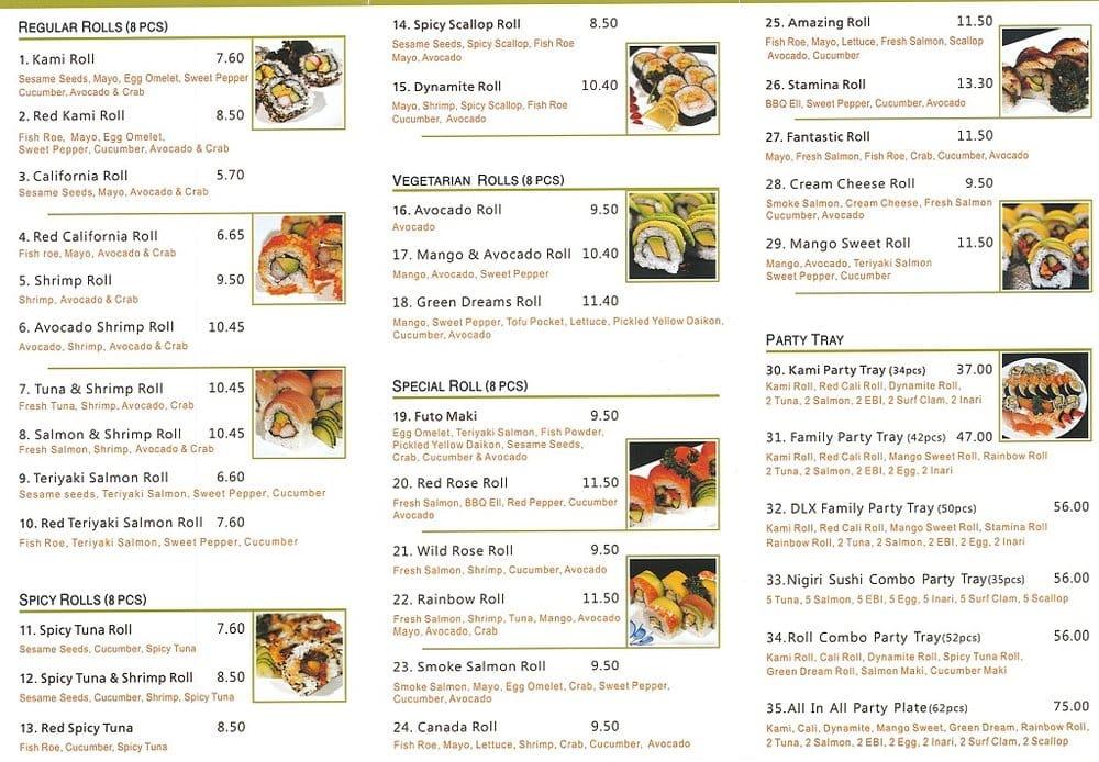 Menu at Kami Sushi restaurant, Edmonton