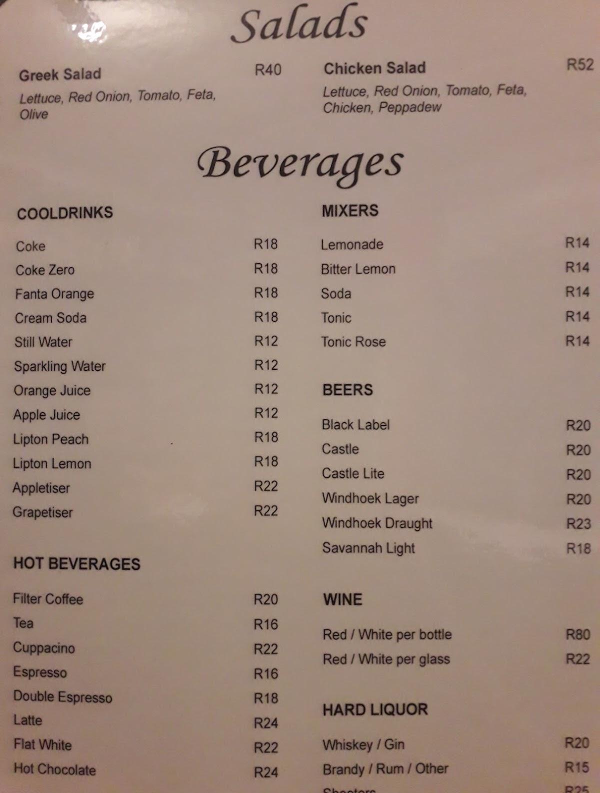 Menu at Piccolo Tesoro restaurant, Montagu