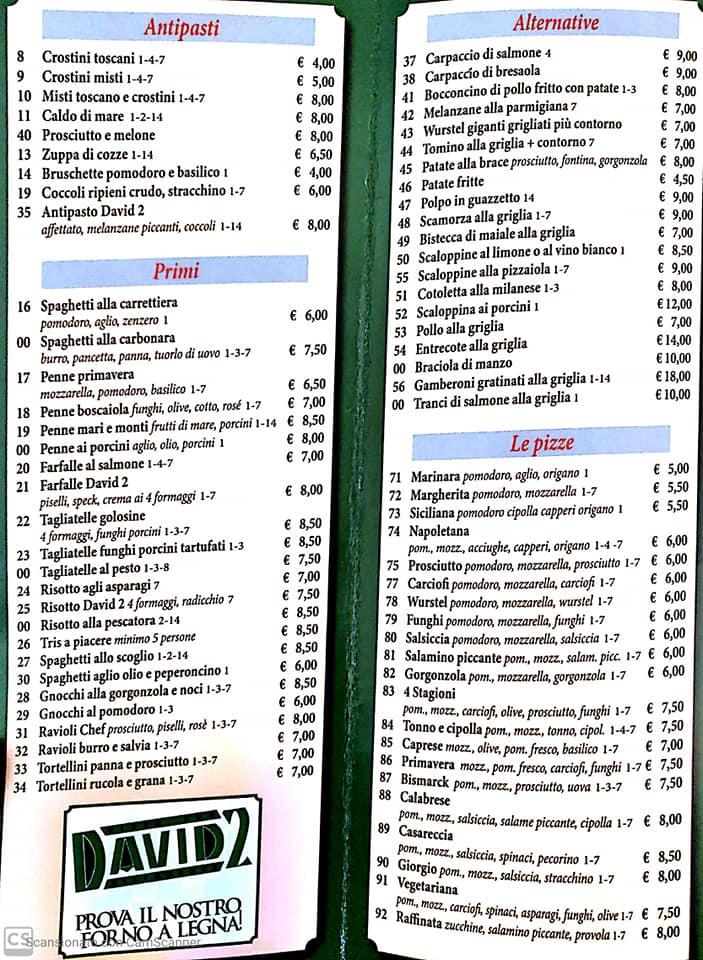 Speisekarte von Pizzeria David 2, Florenz, Via Aretina