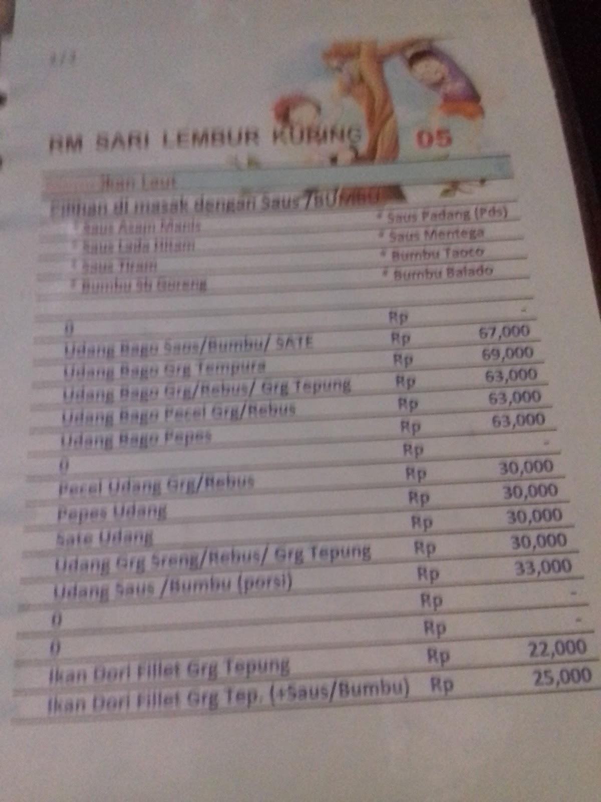 Menu at RM Sari Lembur Kuring restaurant, Kudus