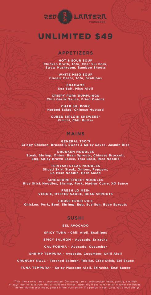 Menu at Red Lantern Foxwoods restaurant, Ledyard