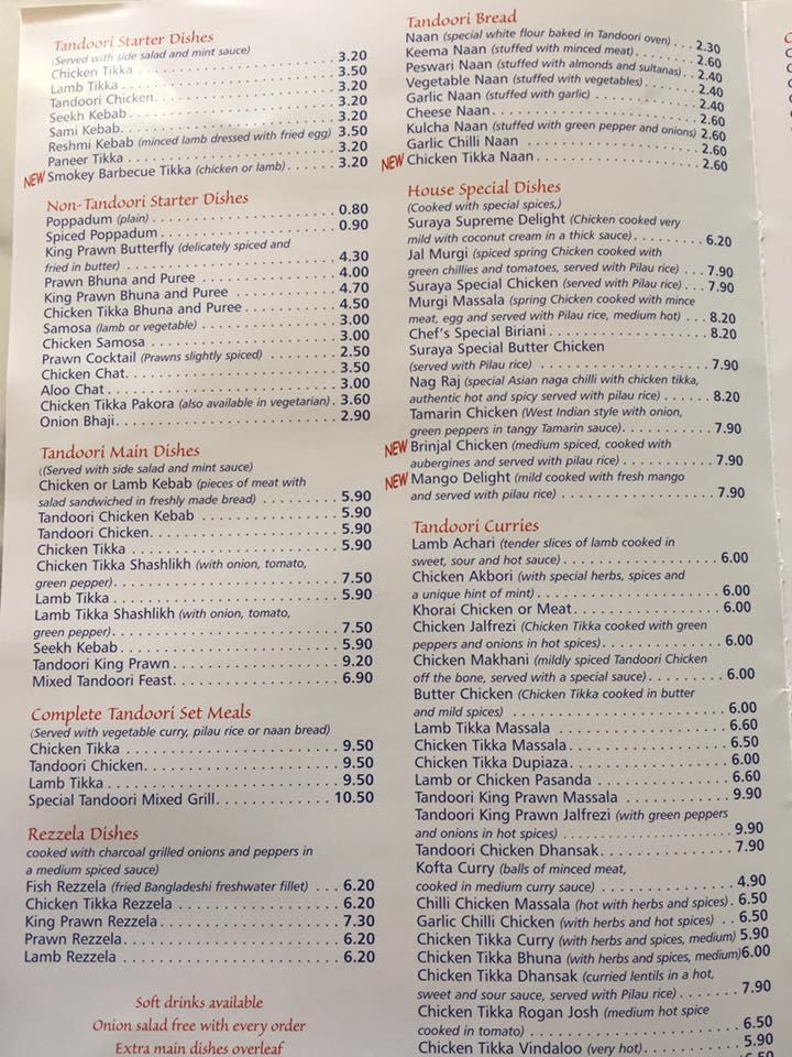 Menu at Suraya Tandoori fast food, Chelmsford