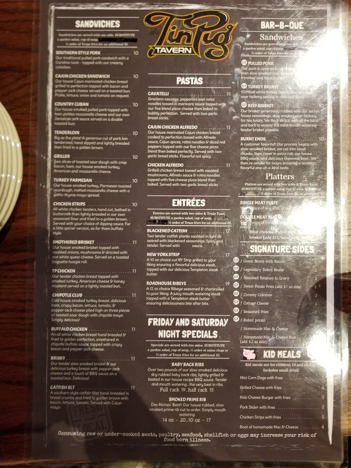 Menu at Tin Pig Tavern pub & bar, Perry