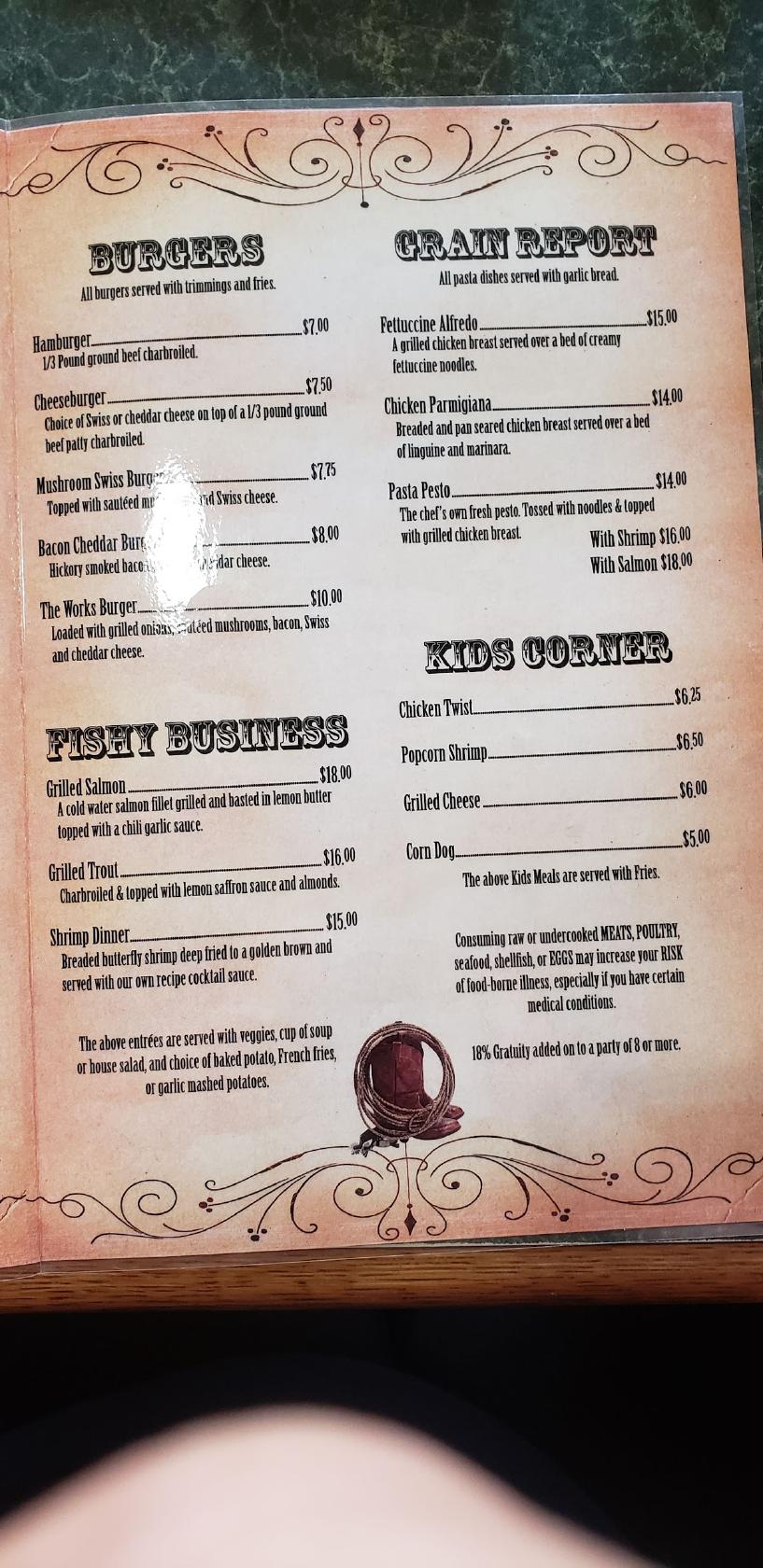 Menu at Western Kansas Saloon & Grill steakhouse, WaKeeney