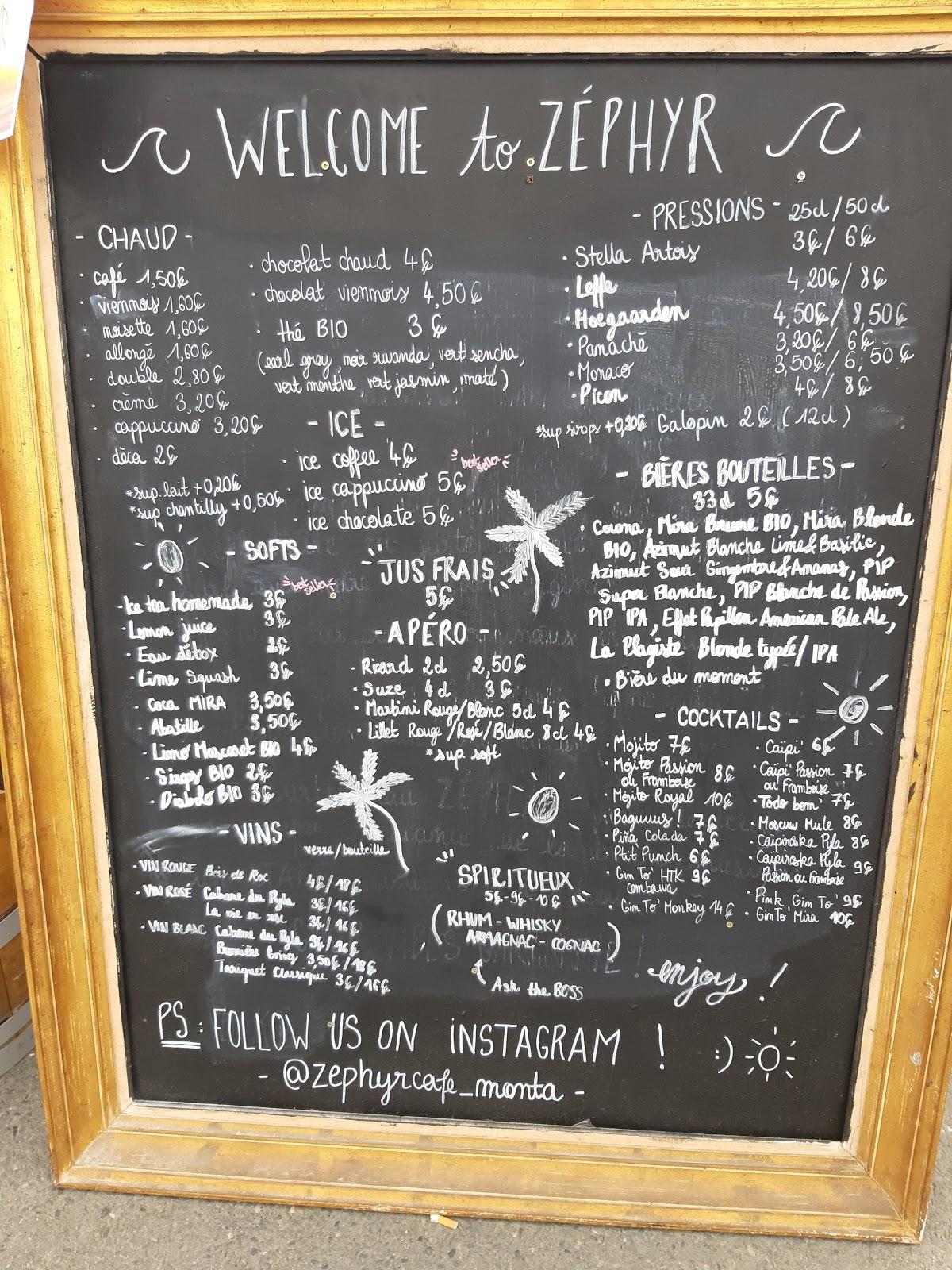 Menu at ZÉPHYR CAFÉ, Vendays-Montalivet