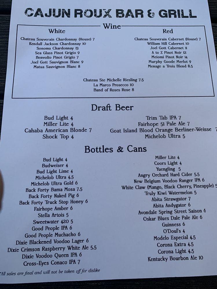 Menu at Cajun Roux Bar & Grill, Hoover