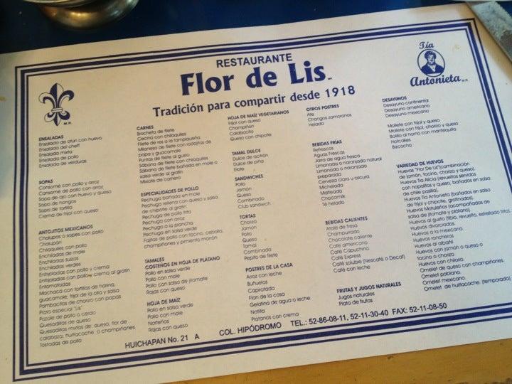 Menu at Flor de Lis restaurant, Mexico City, Huichapan 21