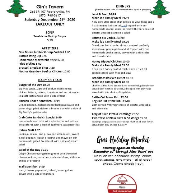 Menu at Gin's Tavern pub & bar, Factoryville